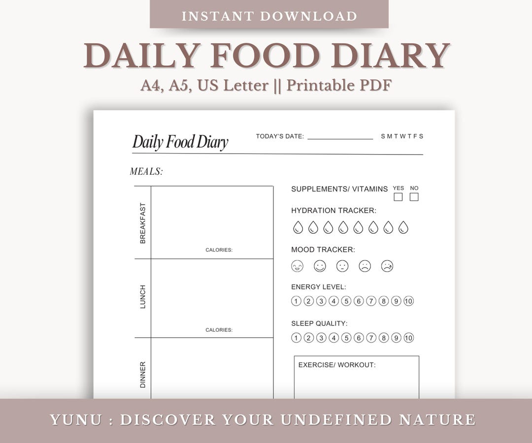 Printable Daily Food Diary, Food Journal & Calorie Tracker, Meal ...
