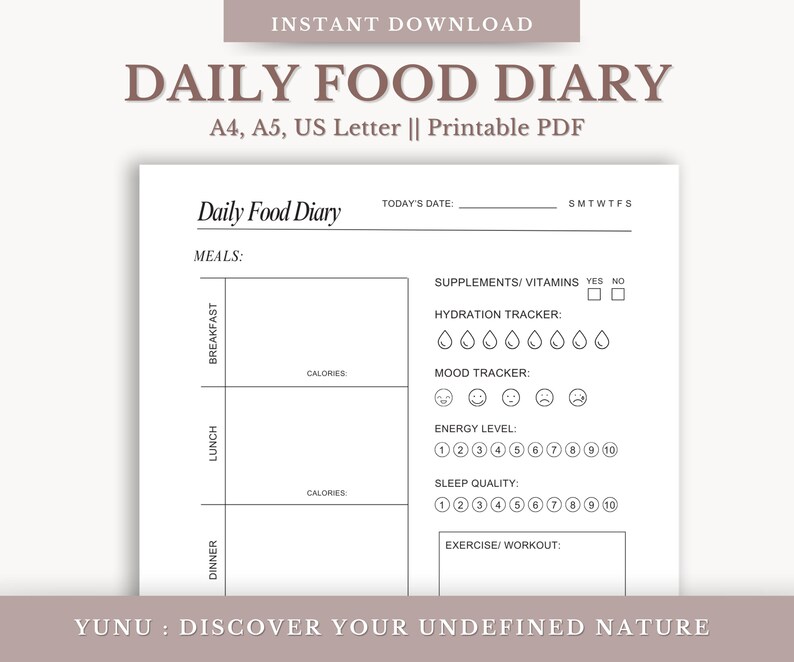 Printable Daily Food Diary, Food Journal & Calorie Tracker, Meal ...