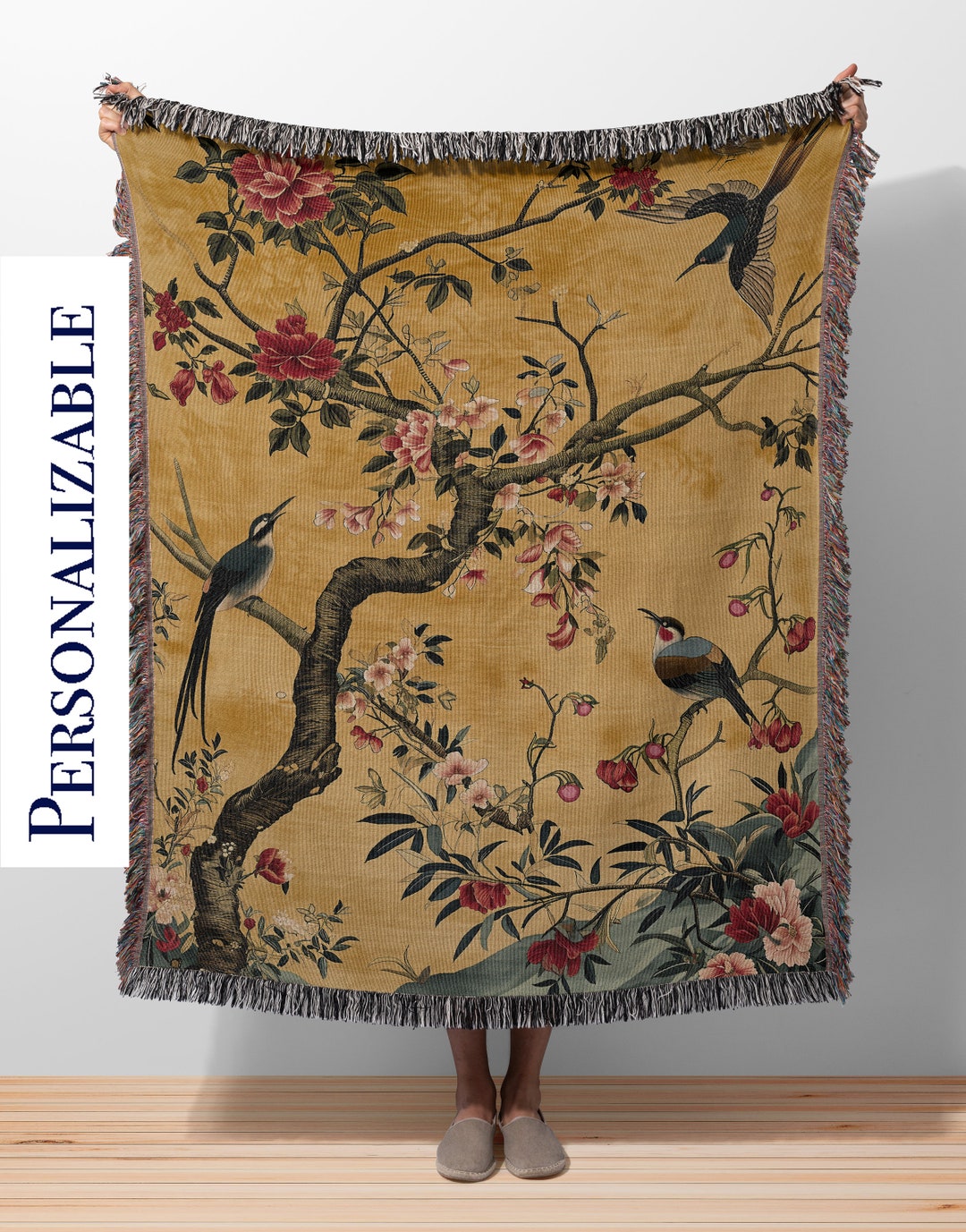 Woven Throw Blanket - "graceful Chinoiserie" Wall Tapestry Hanging ...