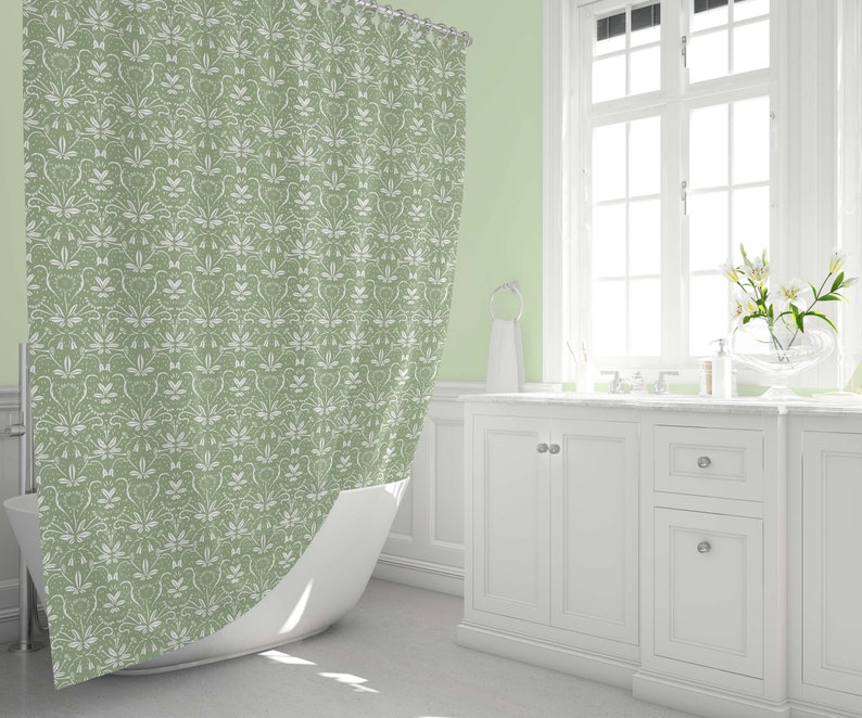 Sage Green Shower Curtain Jacquard Style Shower Curtain Art Nouveau Room shop Decor Fabric Shower Curtain