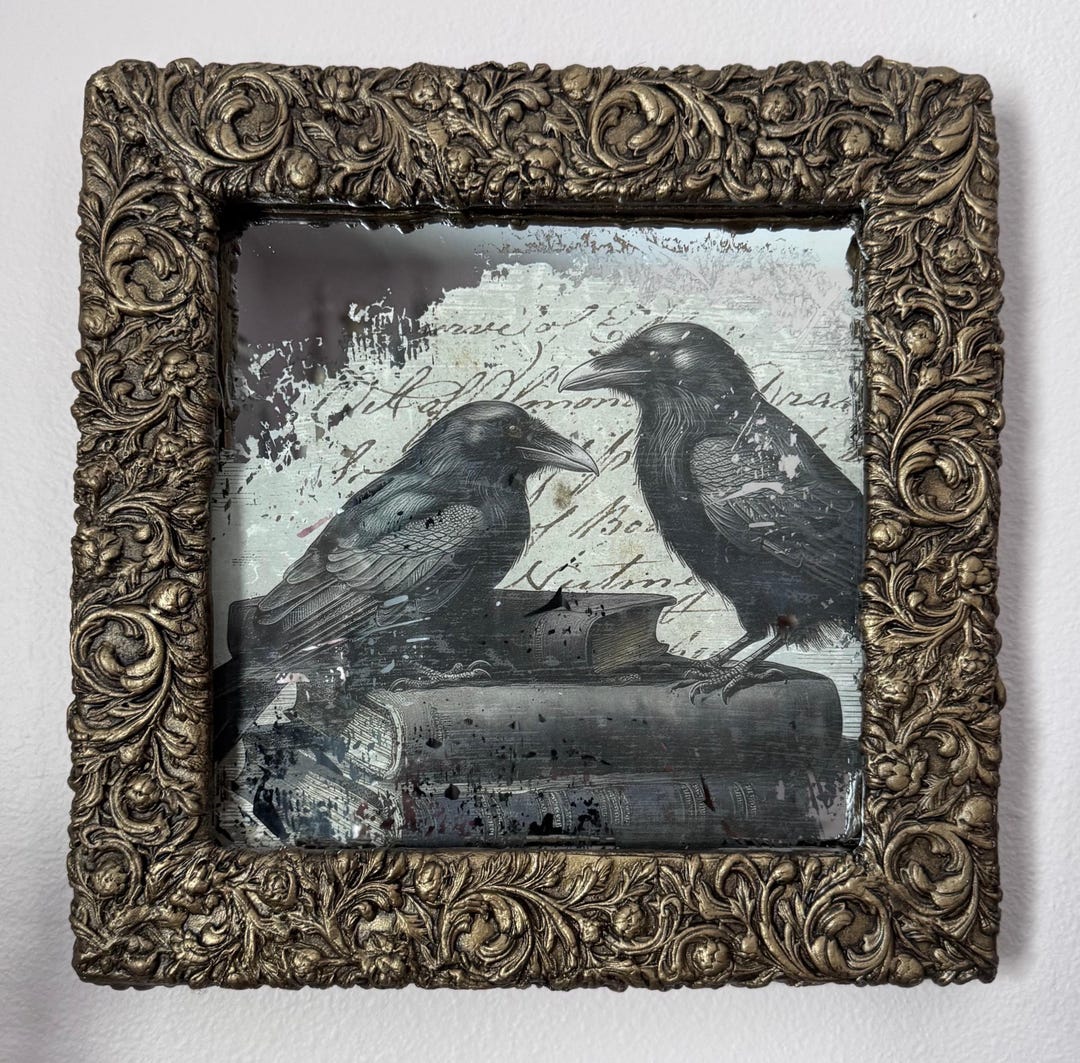 Gothic Crow Mirror Art / Hand Painted Ornate Frame With Vintage Crow ...