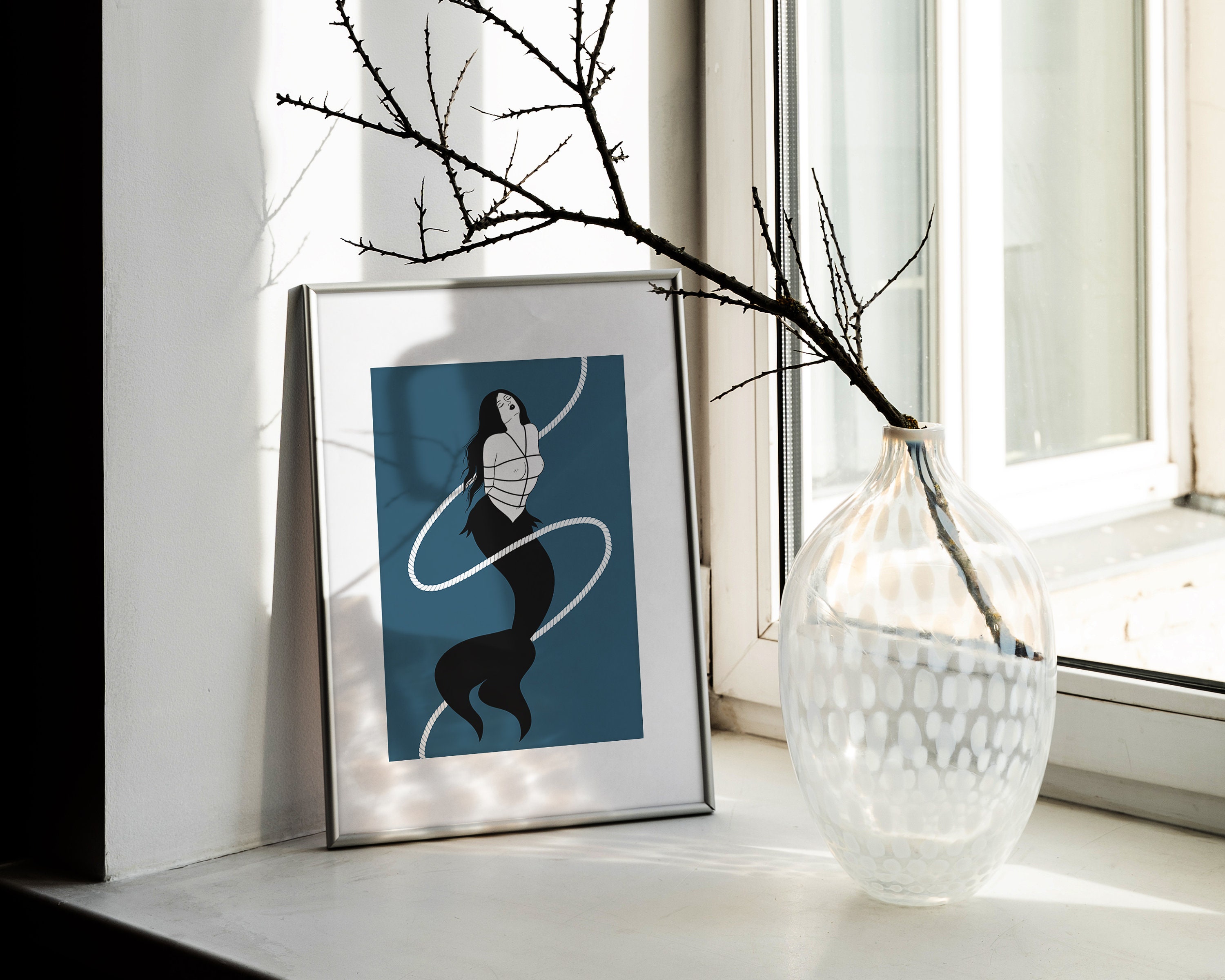 Mermaid Shibari Bondage Nude Line Art Minimalist Blue Art - Etsy