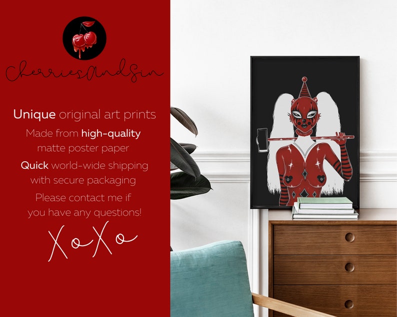 Gothic Clown Girl Latex Kinky Dark Horror Red Black Modern Art Print ...