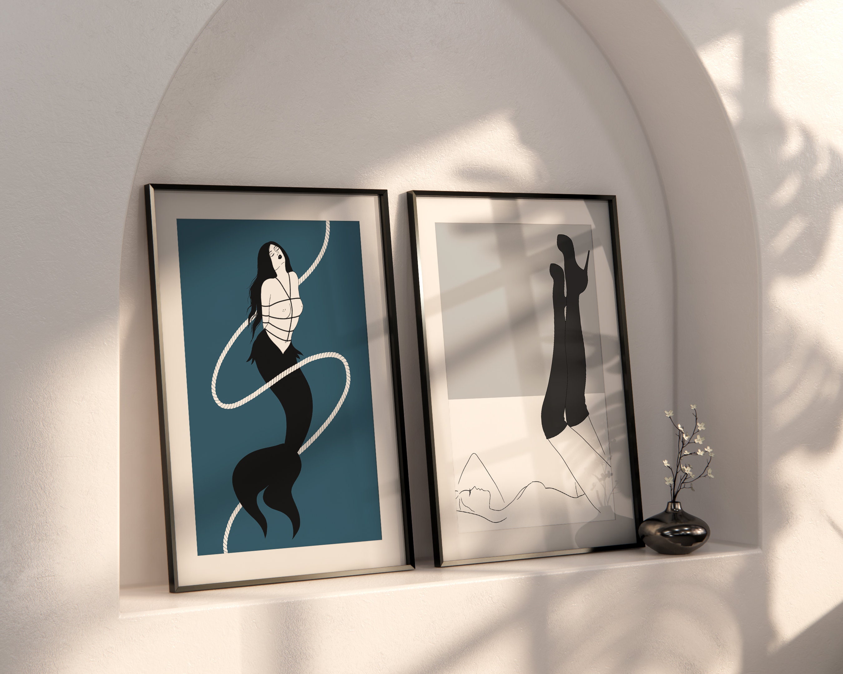 Mermaid Shibari Bondage Nude Line Art Minimalist Blue Art - Etsy