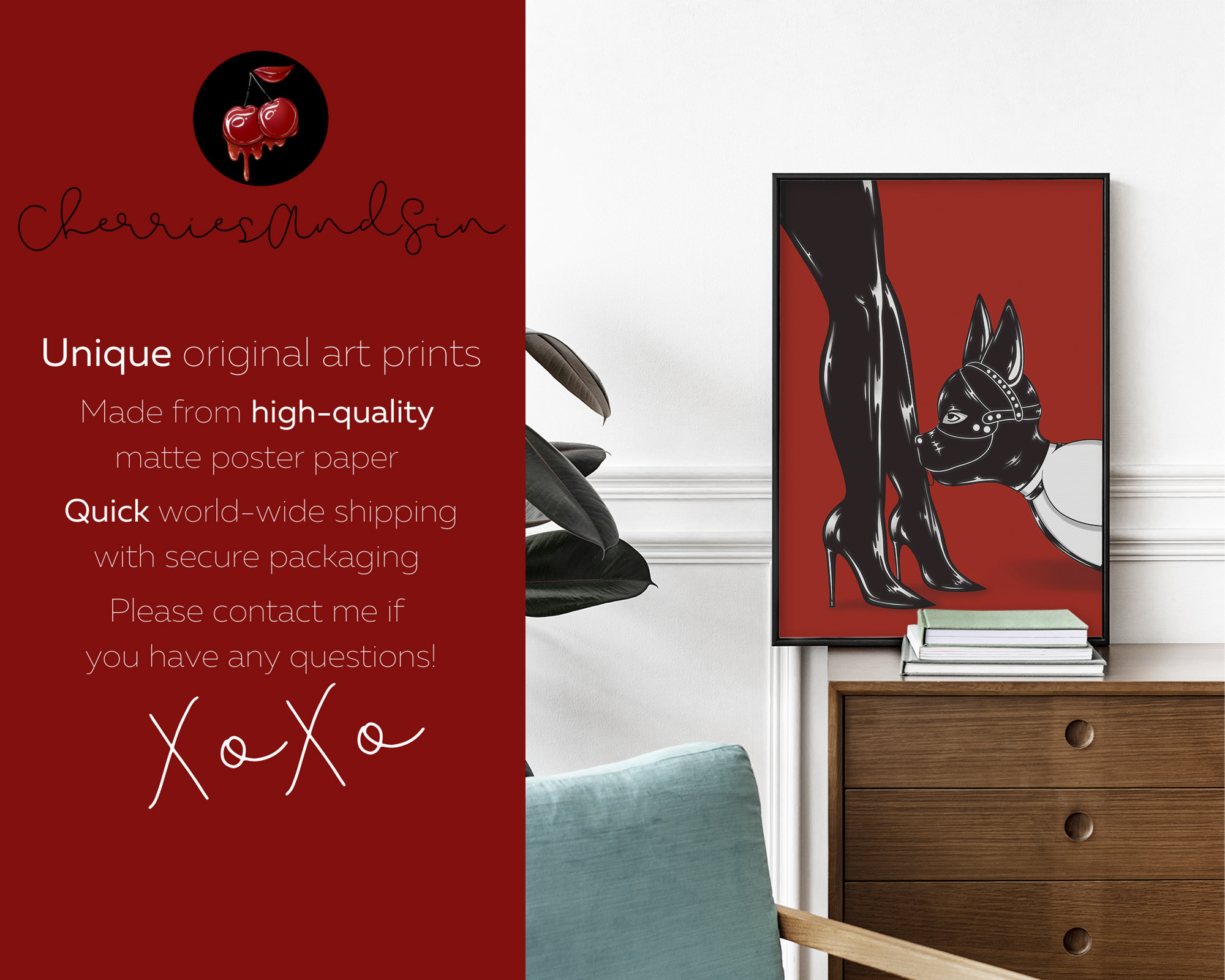 Femdom Latex High Heels Bdsm Fetish Kinky Red Dominatrix Petplay Art Print Large Bedroom Wall ...