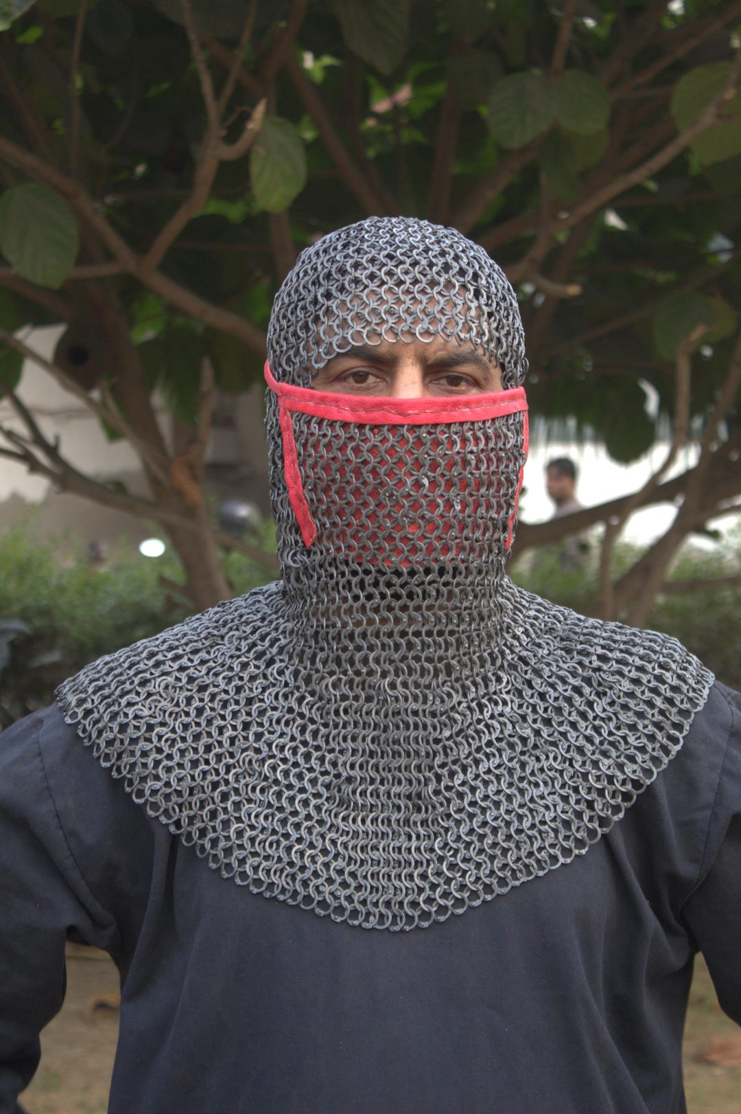 Chainmail Hood / Coif With Face Cover Lather Attached 10MM Dome Riveted ...