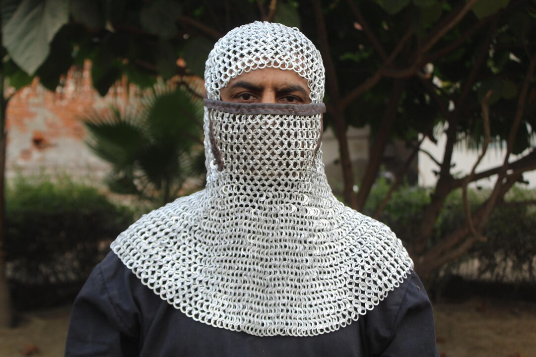Chainmail Hood / Coif With Face Cover Lather Attached 10MM Dome Riveted ...