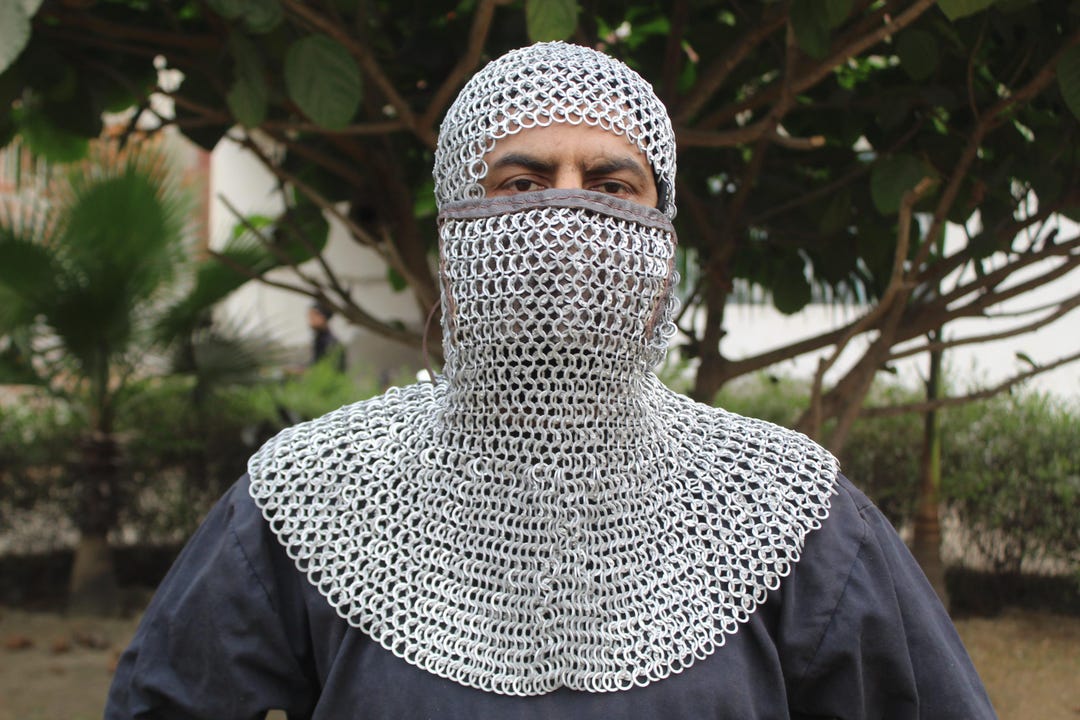 Chainmail Hood / Coif With Face Cover Lather Attached 10MM Dome Riveted ...