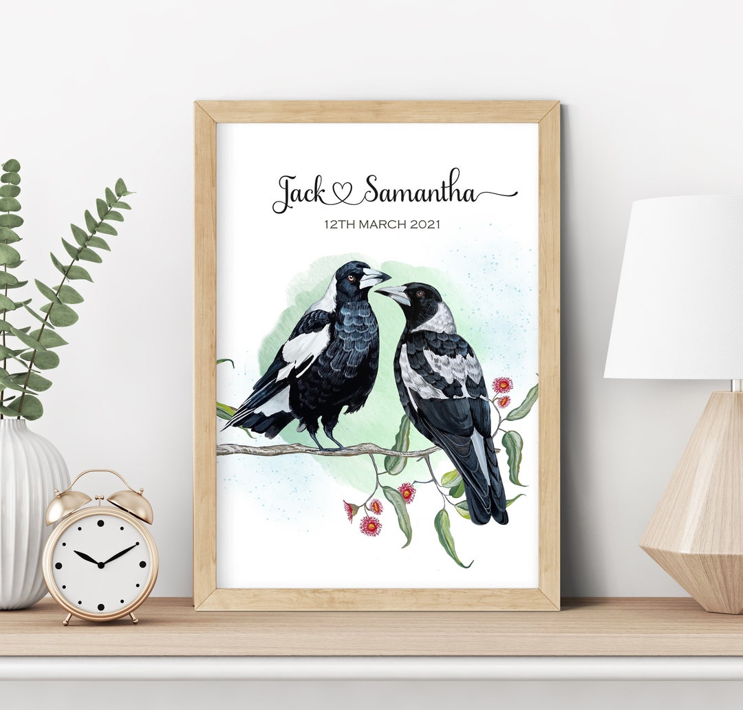 Personalised Magpie Couple Print Custom Gift Australian Animal ...