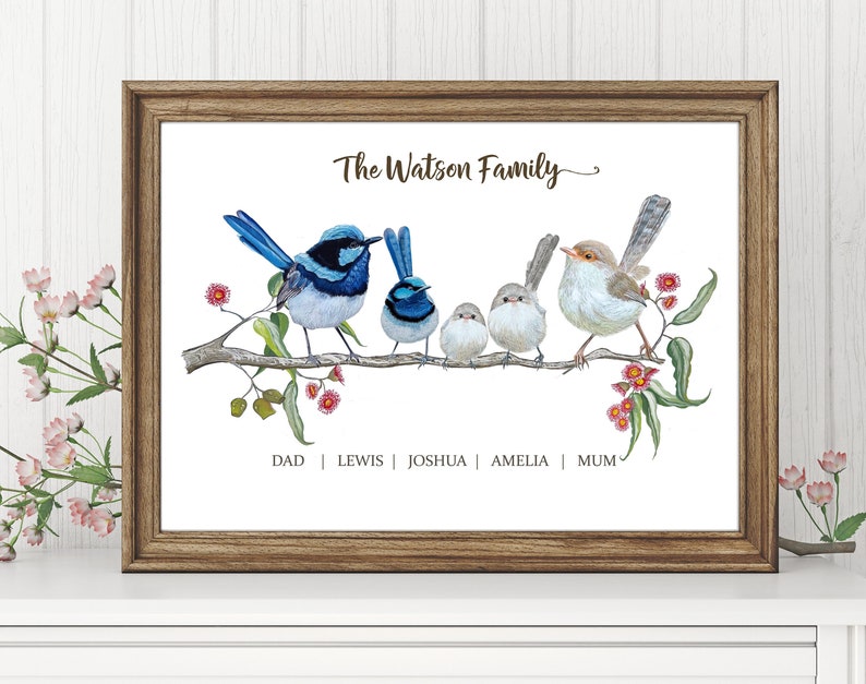 Personalised Blue Fairy Wren Family Print Custom Gift Australian Animal ...
