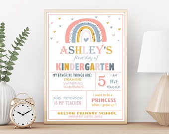 Editable First Day of Kindergarten Sign, Boho Rainbow First Day of ...