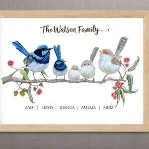 Personalised Blue Fairy Wren Family Print Custom Gift Australian Animal ...