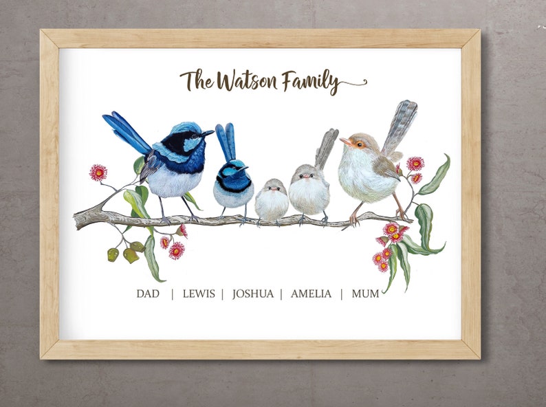 Personalised Blue Fairy Wren Family Print Custom Gift Australian Animal ...
