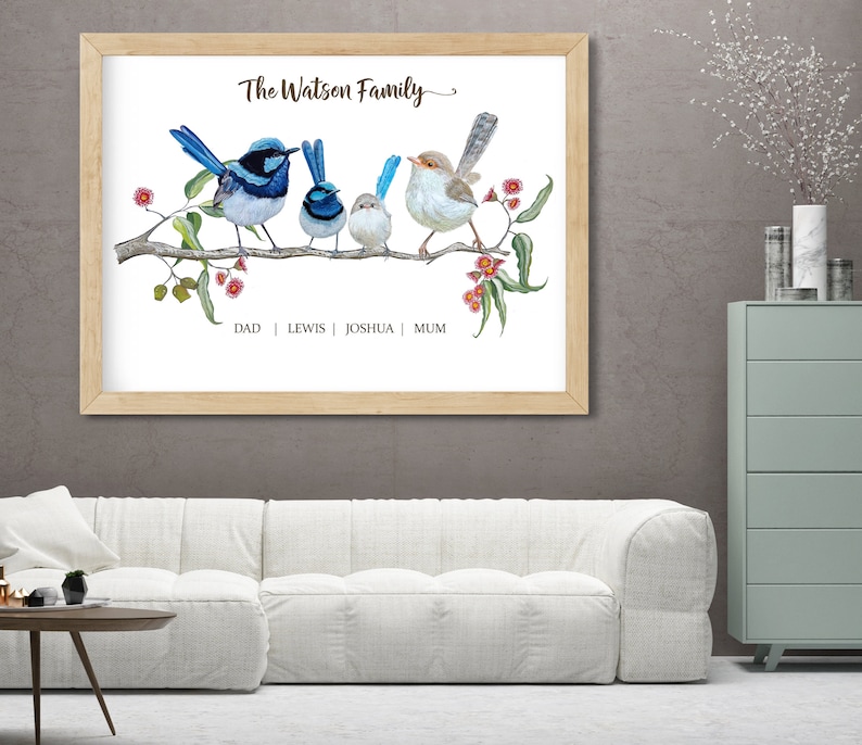 Personalised Blue Fairy Wren Family Print Custom Gift Australian Animal ...