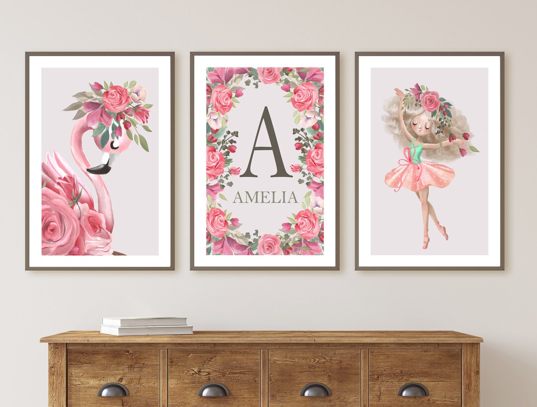 Girls Nursery Art Set of 3, Girly Prints, Flamingo Ballerina Print ...