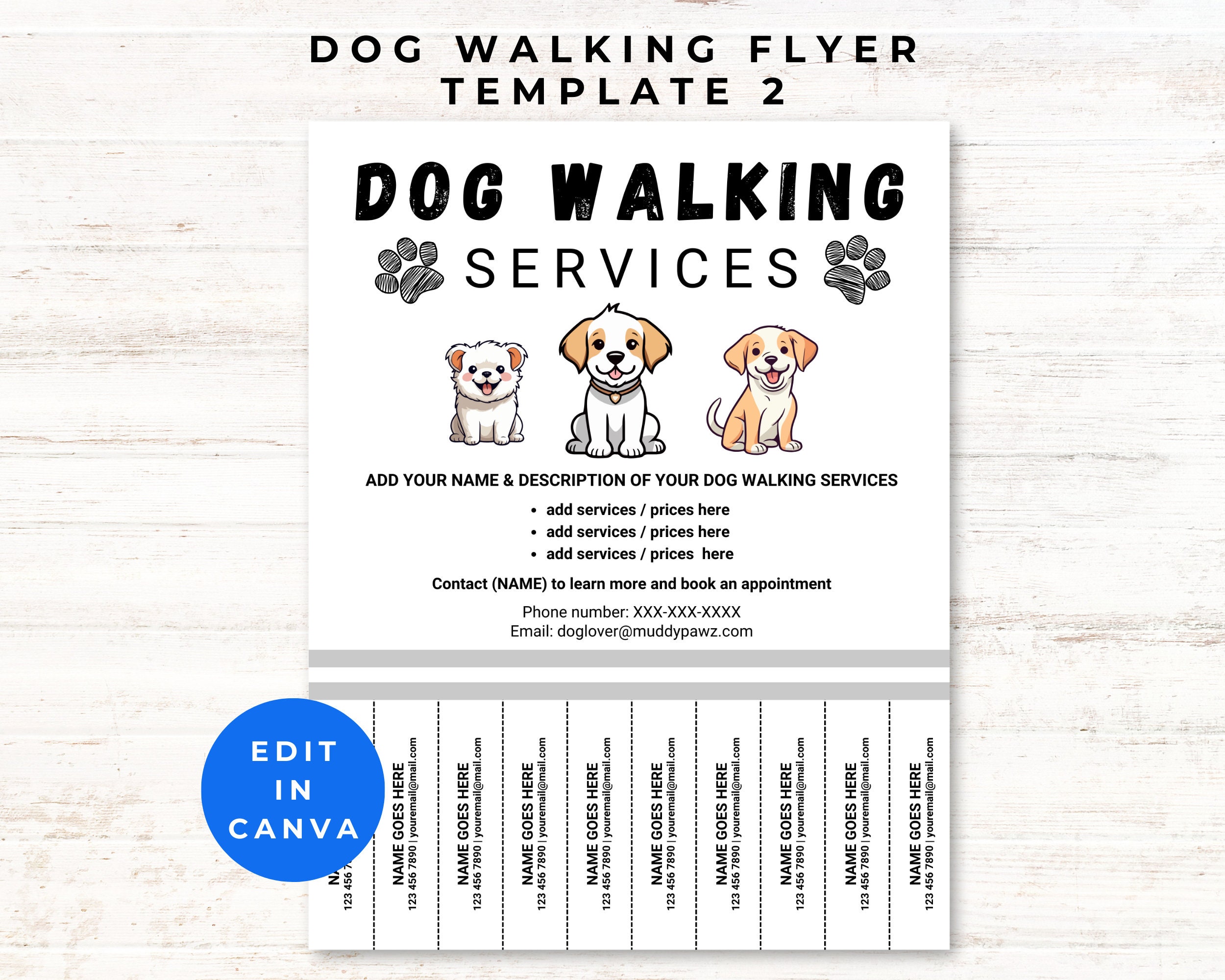 Editable Dog Walking Flyer, Dog Walker Tear off Flyer, Customizable ...