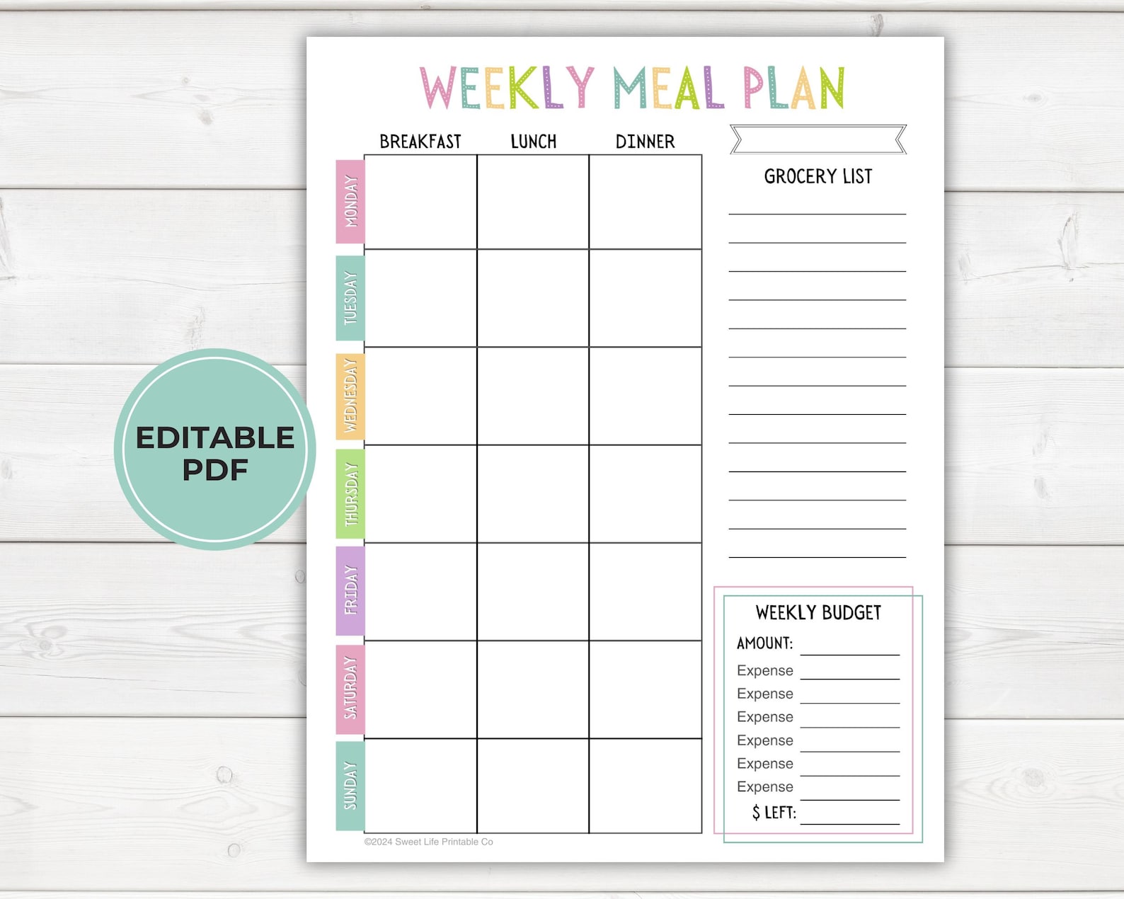 Editable Weekly Meal Planner Printable, Grocery List, Weekly Budget ...