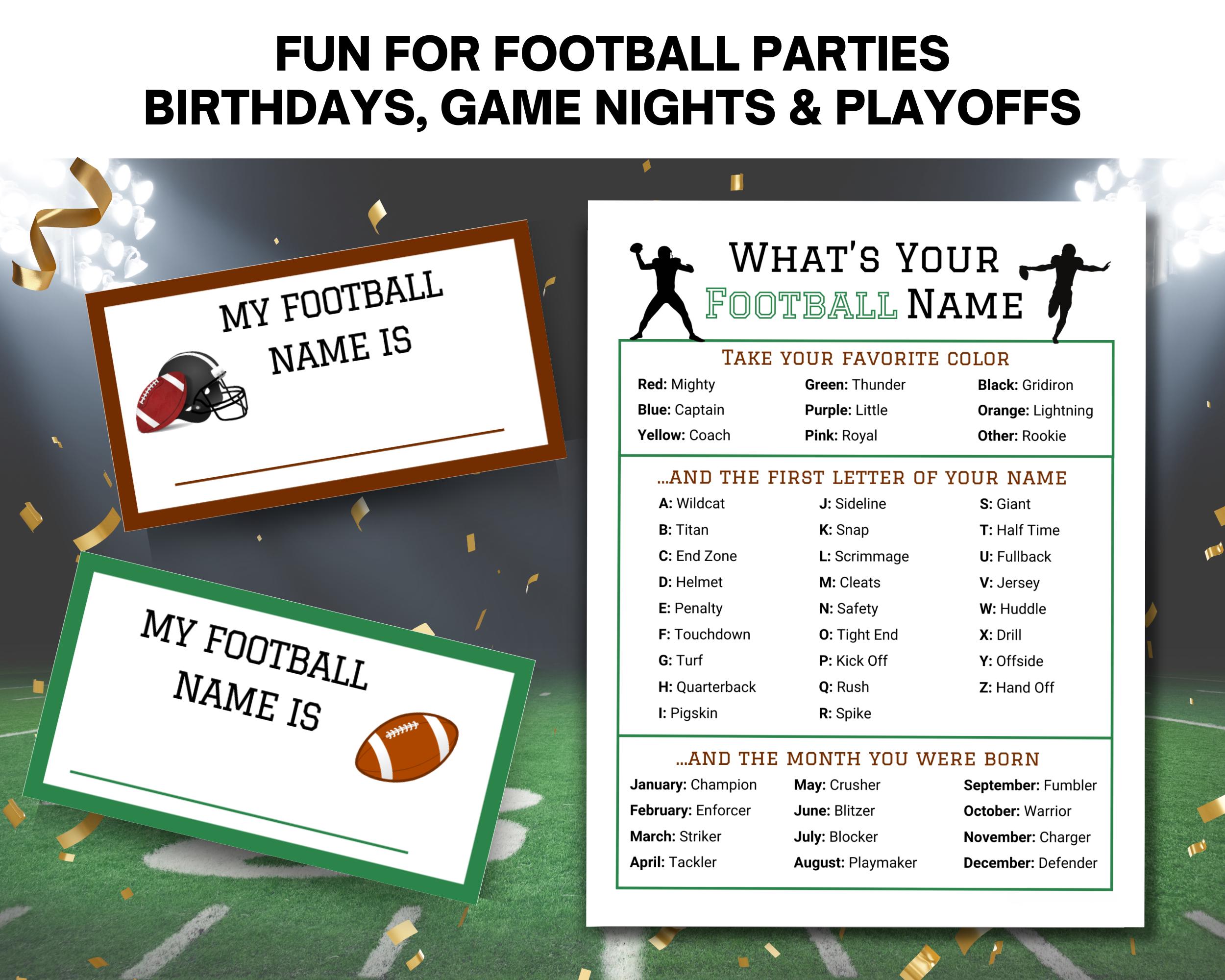 What's Your Football Name Printable, Football Party Games, Name Tags ...
