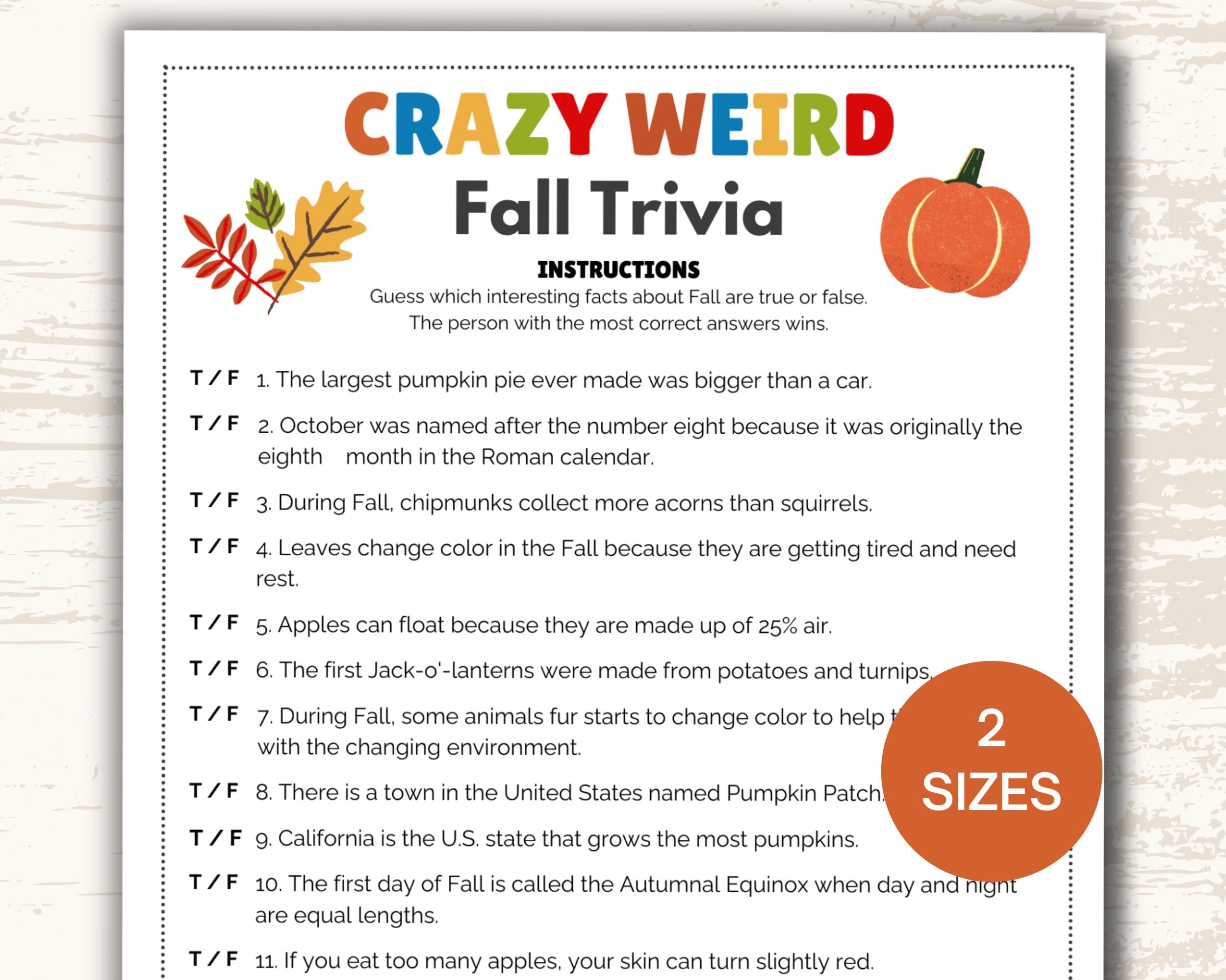 Fall Trivia Game Printable, Fall Classroom Activity, Fall Printables ...