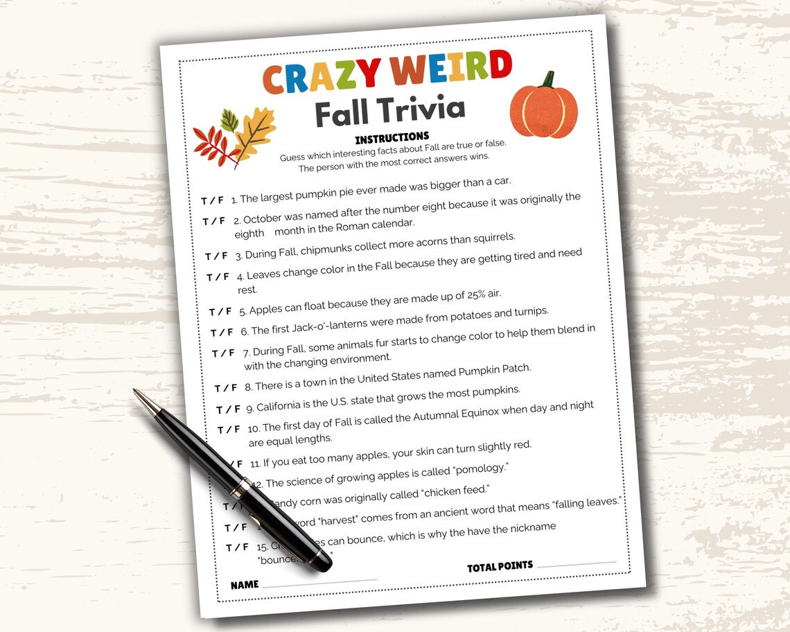 Fall Trivia Game Printable, Fall Classroom Activity, Fall Printables ...