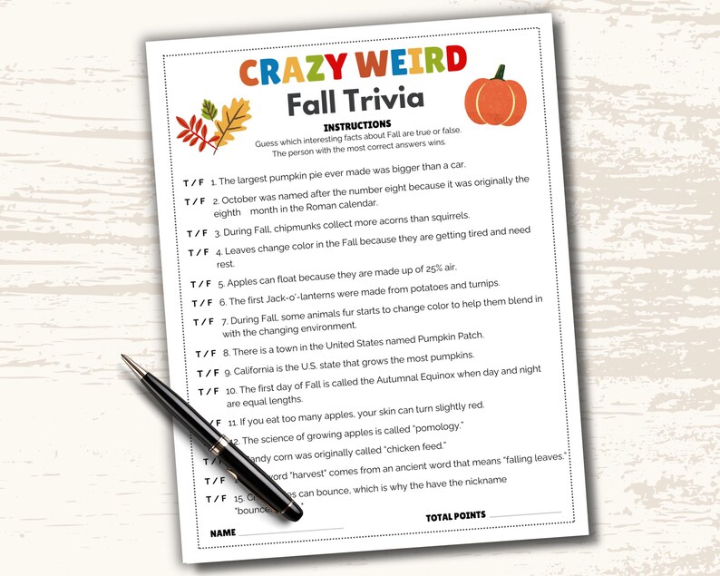 Fall Trivia Game Printable, Fall Classroom Activity, Fall Printables ...