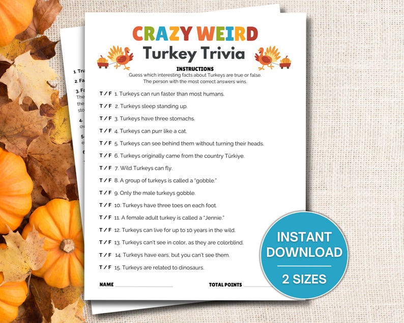 Turkey Trivia Printable, Thanksgiving Trivia, Friendsgiving Games, Fall ...