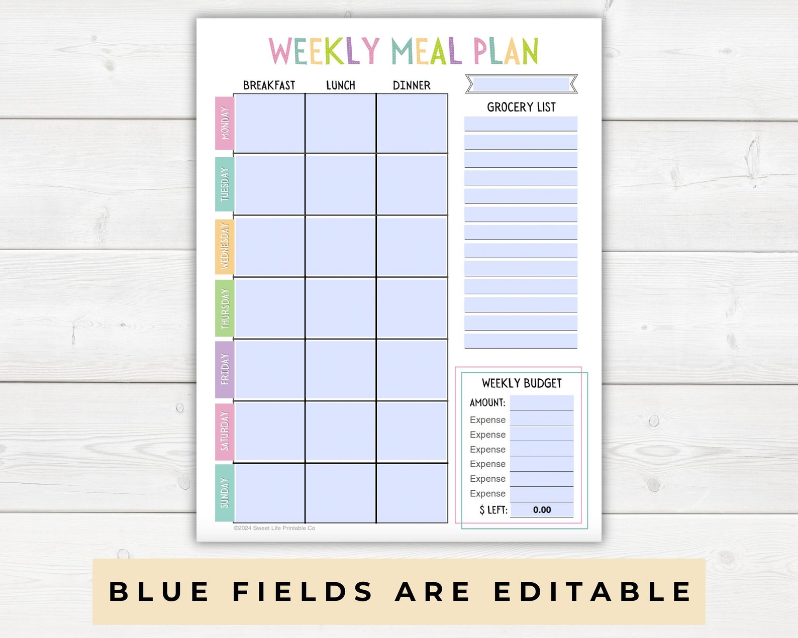 Editable Weekly Meal Planner Printable, Grocery List, Weekly Budget ...