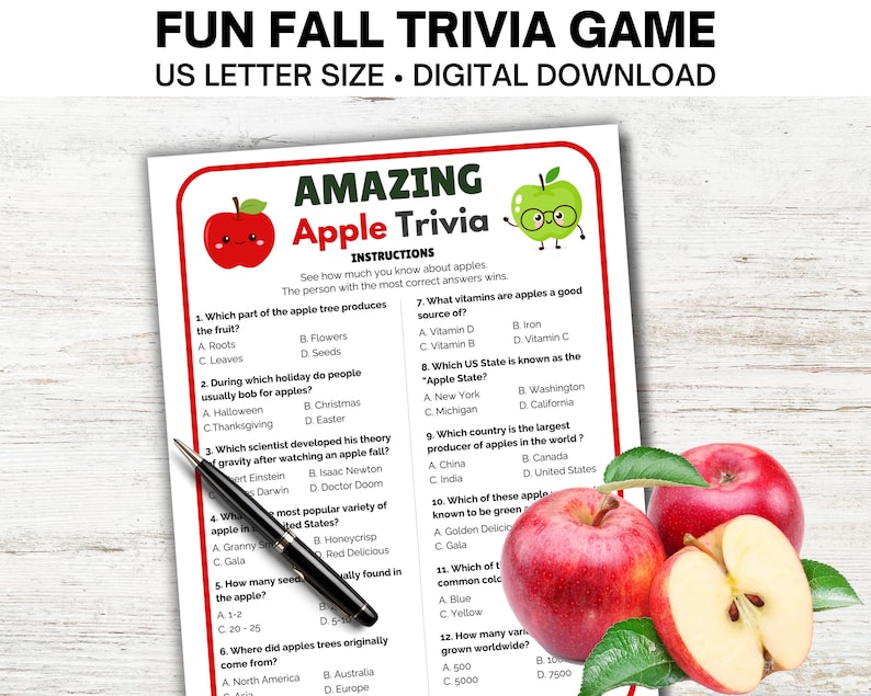 Apple Trivia Game Printable, Fall Trivia Game, Fall Printables, Office ...