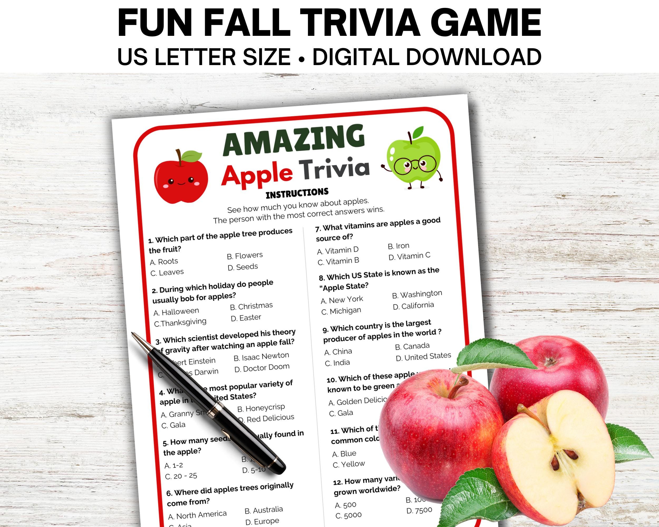 Apple Trivia Game Printable, Fall Trivia Game, Fall Printables, Office ...
