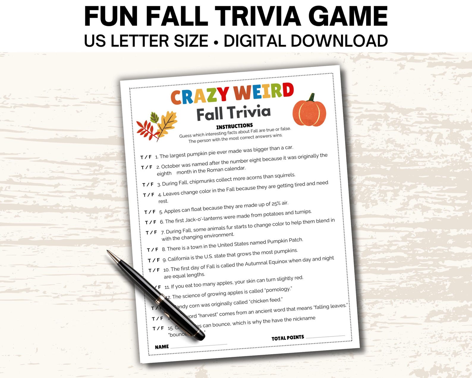 Fall Trivia Game Printable, Fall Classroom Activity, Fall Printables ...