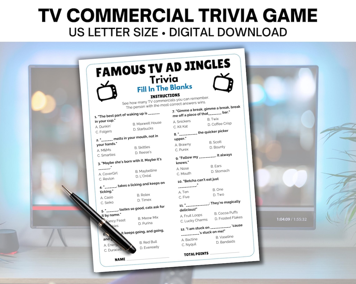 TV Commercials Trivia Game, TV AD Jingles Trivia, Family Game Night ...