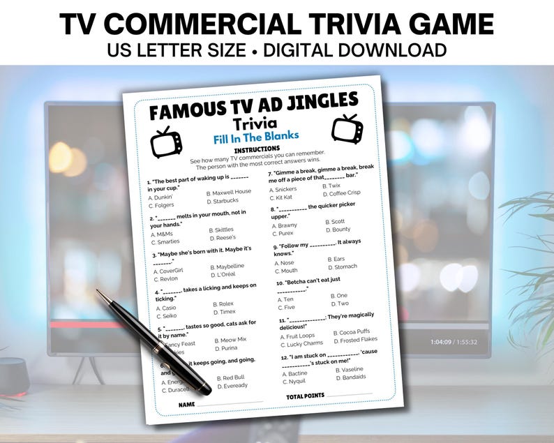 TV Commercials Trivia Game, TV AD Jingles Trivia, Family Game Night ...