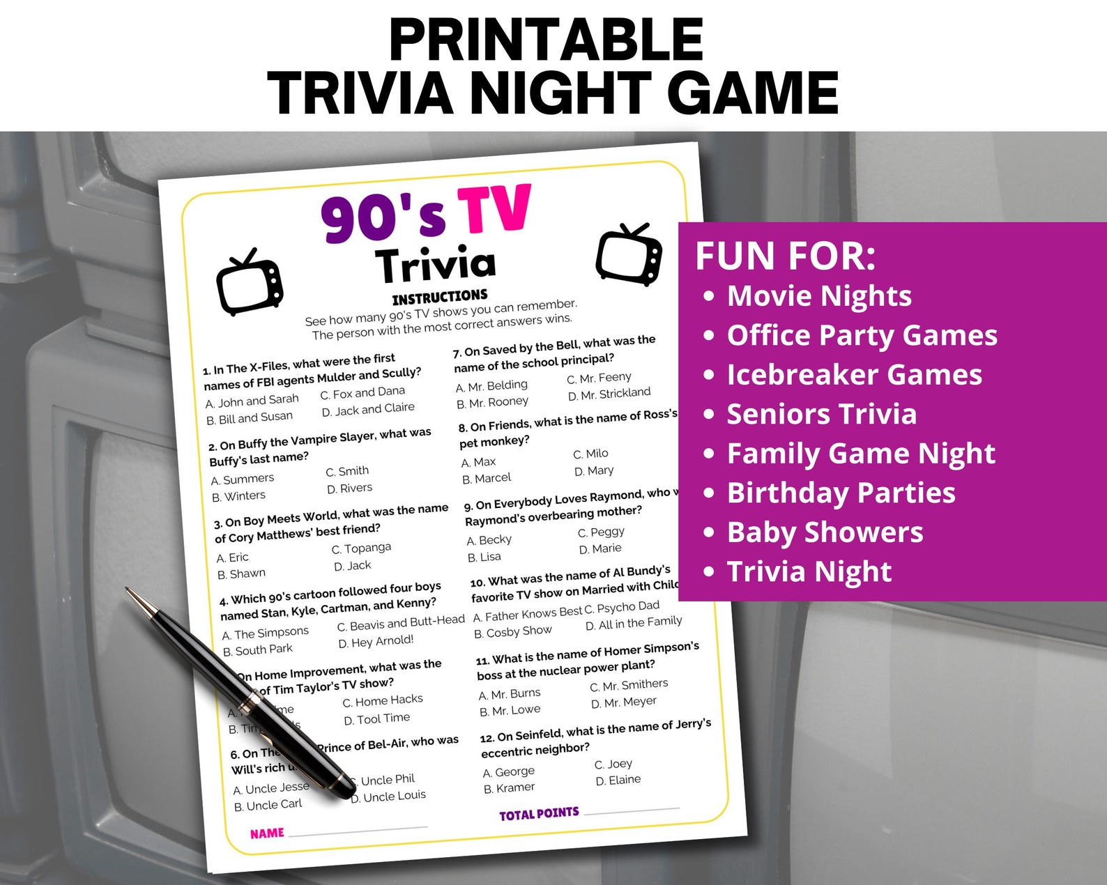 90's Trivia Game, Printable Decades Trivia, 90s Nostalgia, Pop Culture ...