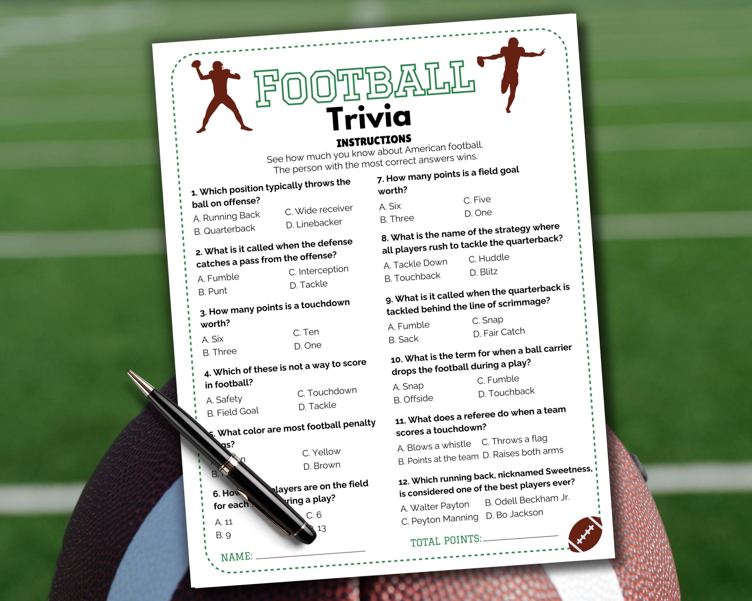 Football Trivia Game, Printable Trivia Questions, Football Party Games ...