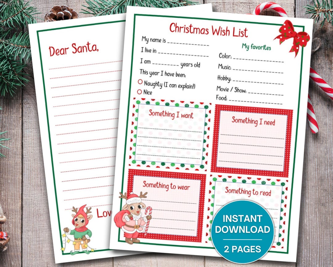 Printable Christmas Wish List & Letter to Santa, Santa Wish List, 4 ...