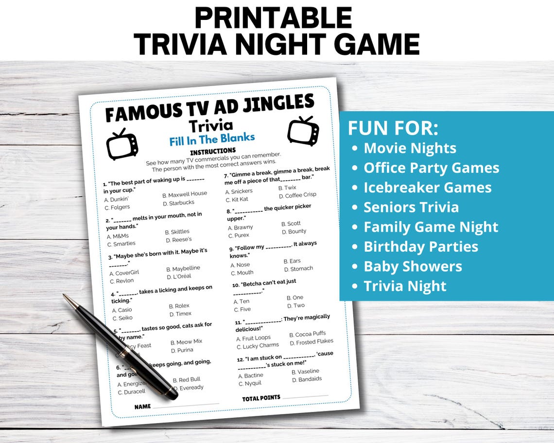 TV Commercials Trivia Game, TV AD Jingles Trivia, Family Game Night ...