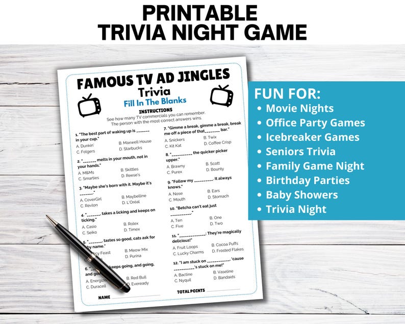 TV Commercials Trivia Game, TV AD Jingles Trivia, Family Game Night ...