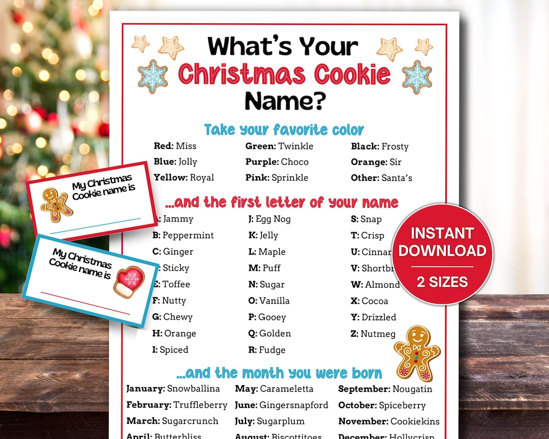 What's Your Christmas Cookie Name Game, Christmas Name Tags & Sign, Fun ...