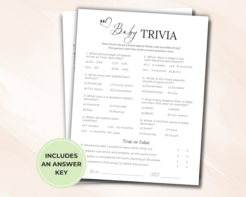 Minimalist Baby Shower Trivia, Printable Baby Shower Games, Baby Trivia ...