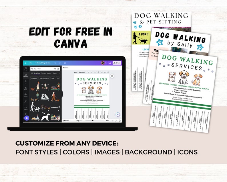 Editable Dog Walking Flyer, Dog Walker Tear off Flyer, Customizable ...