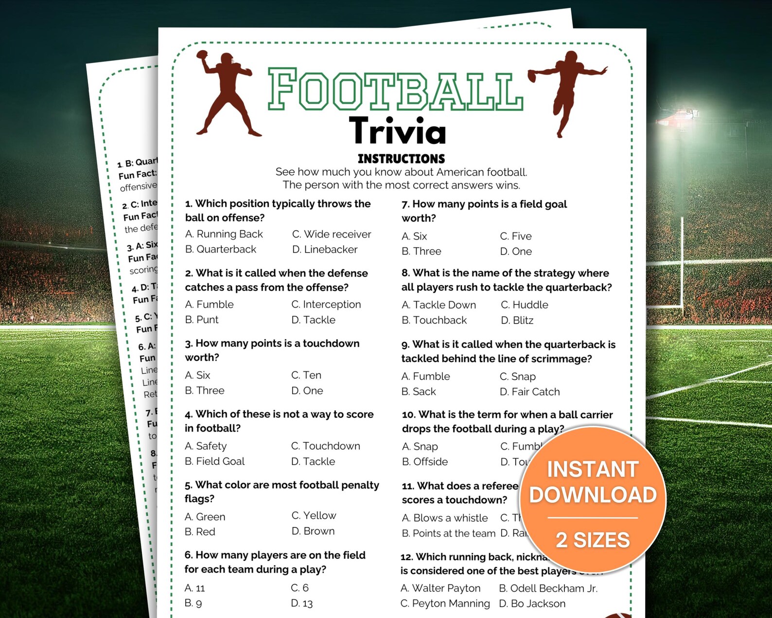 Football Trivia Game, Printable Trivia Questions, Football Party Games ...