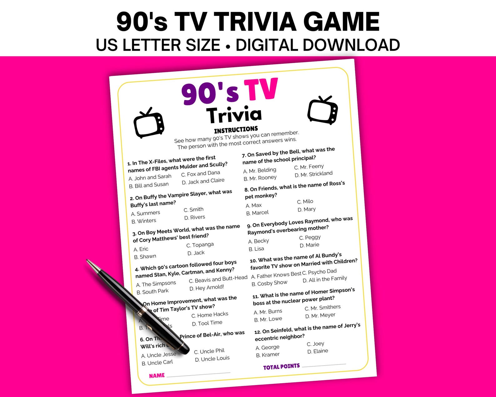 90's Trivia Game, Printable Decades Trivia, 90s Nostalgia, Pop Culture ...