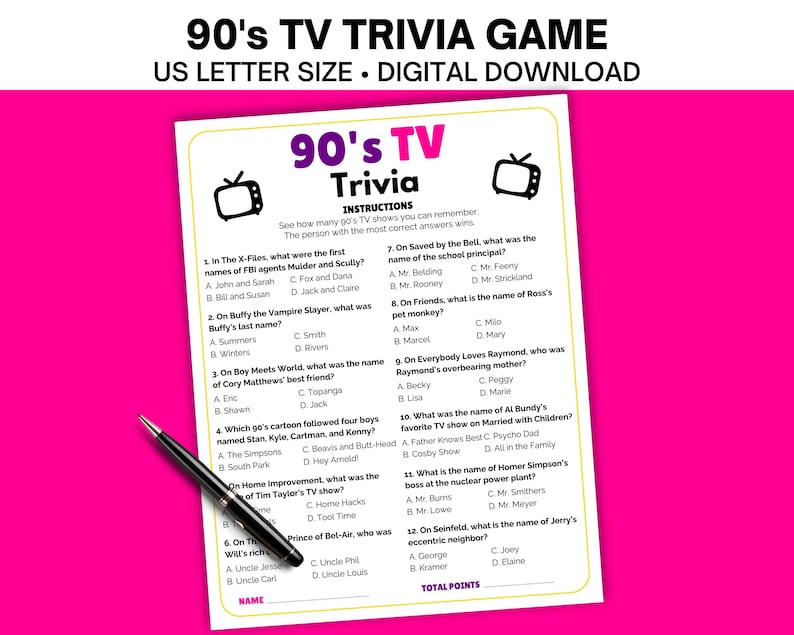90's Trivia Game, Printable Decades Trivia, 90s Nostalgia, Pop Culture ...
