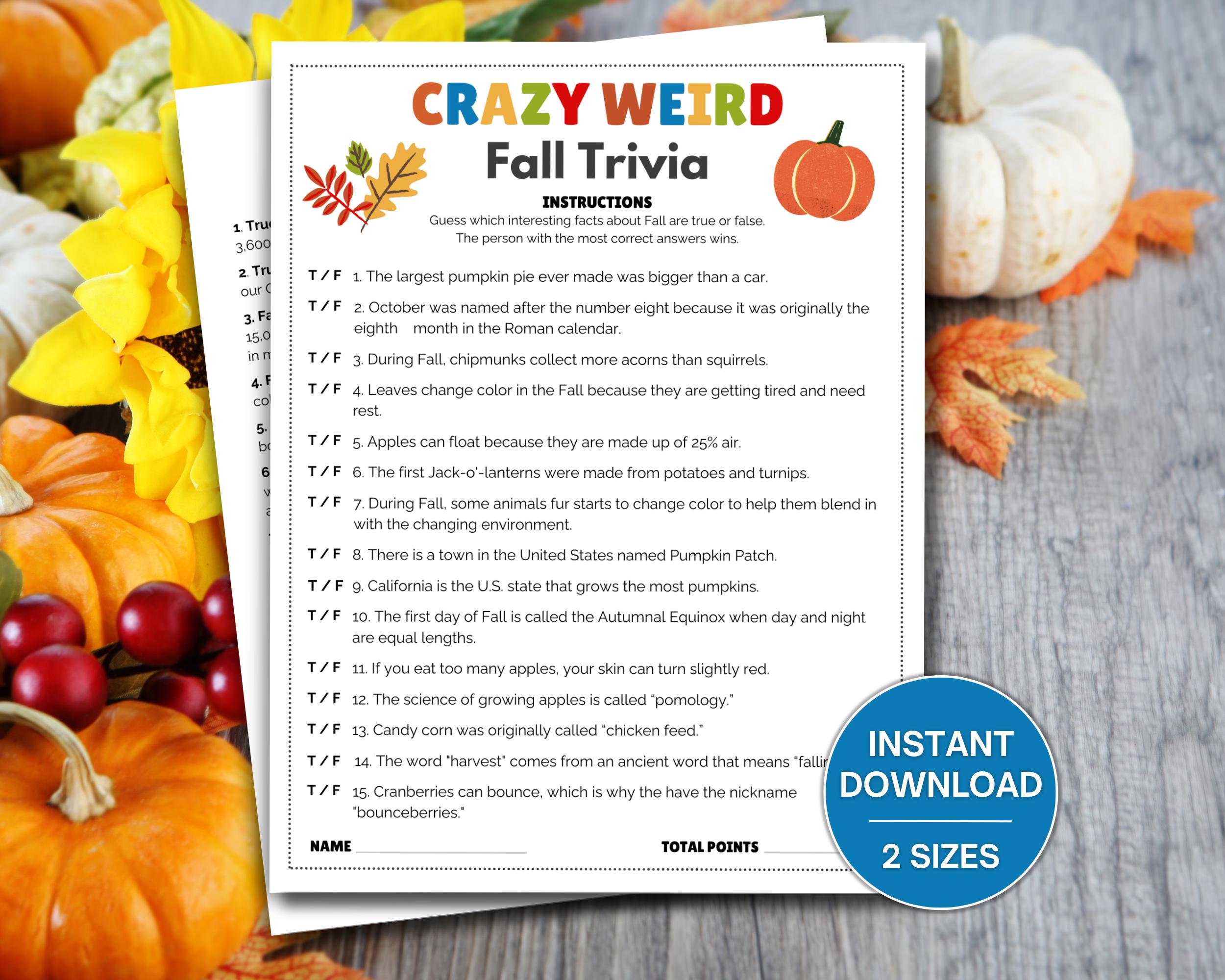Fall Trivia Game Printable, Fall Classroom Activity, Fall Printables ...