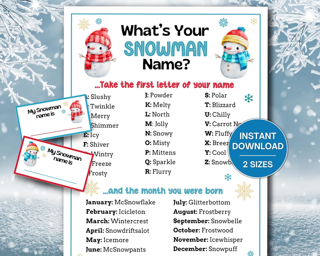 What's Your Snowman Name Game, Snowman Name Tags & Sign, Winter Party ...