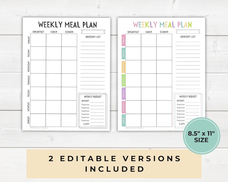 Editable Weekly Meal Planner Printable, Grocery List, Weekly Budget ...