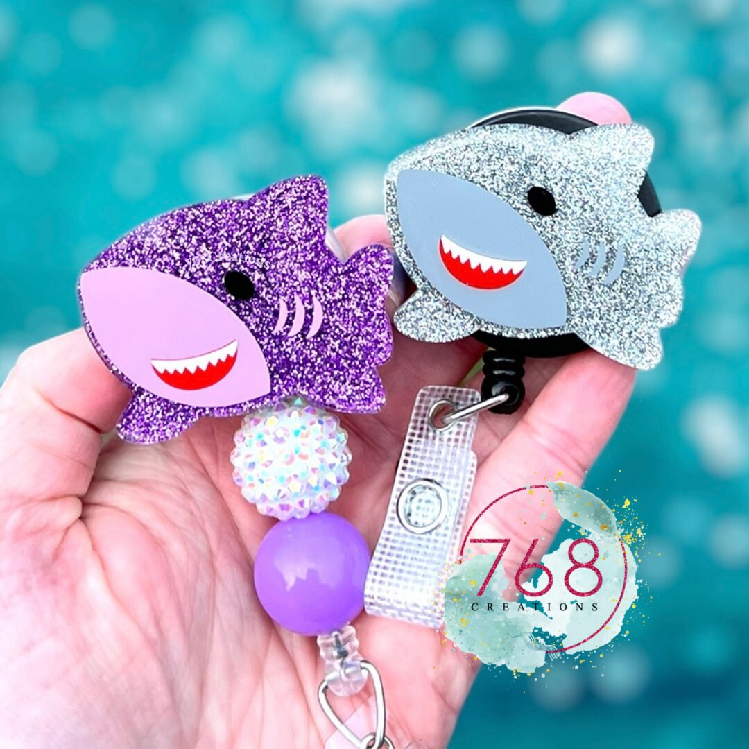 Cute Shark, Interchangeable Beaded Badge Reel, Heavy Duty, ID Holder ...