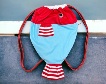 Drawstring Shoulder Bag Little Fish Shaped 10-inch Body Teal Blue Back ...