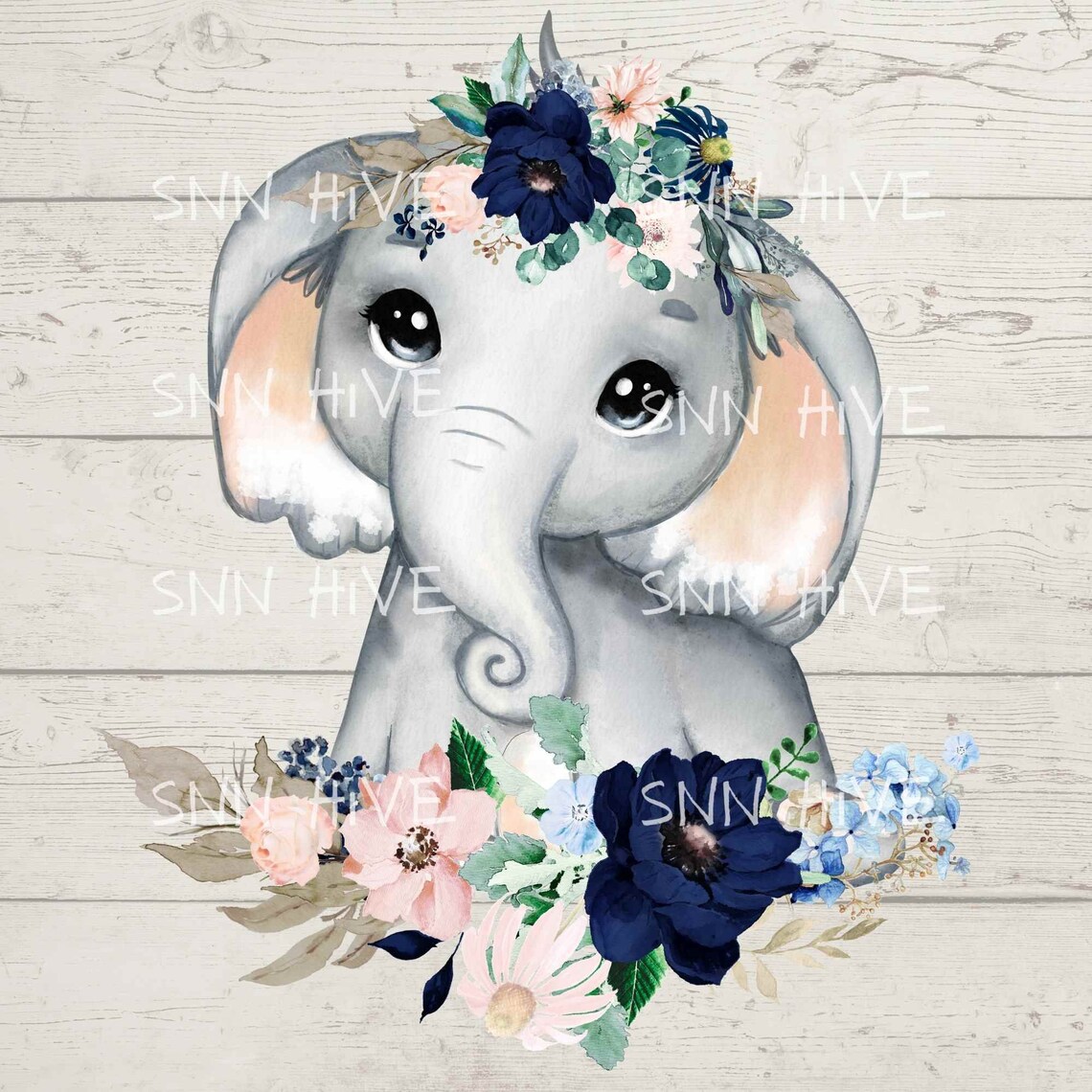 Floral Baby Elephant PNG Navy Blue and Blush Floral PNG Kids - Etsy