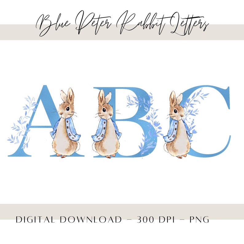 Blue Rabbit Floral Alphabet Vintage PNG Letters A-Z, Bunny Monogram ...